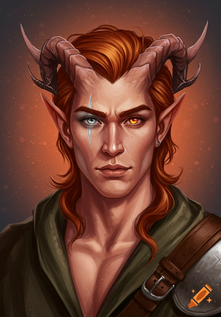 A detailed portrait of a male tiefling with orange hair, horns, and ...