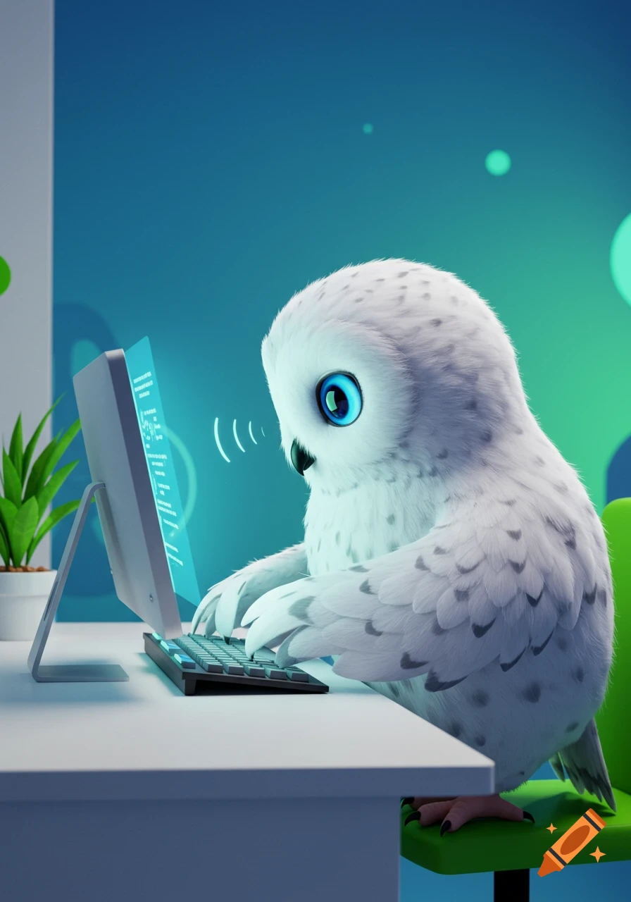 A cute cartoon owl sits at a desk typing on a computer. on Craiyon