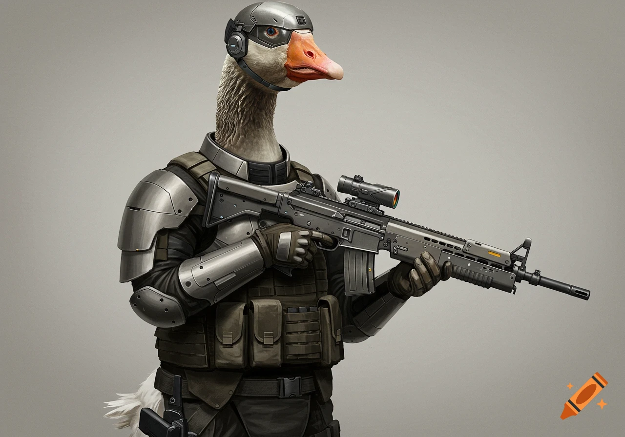 Anthropomorphic goose in futuristic military armor holding an assault ...