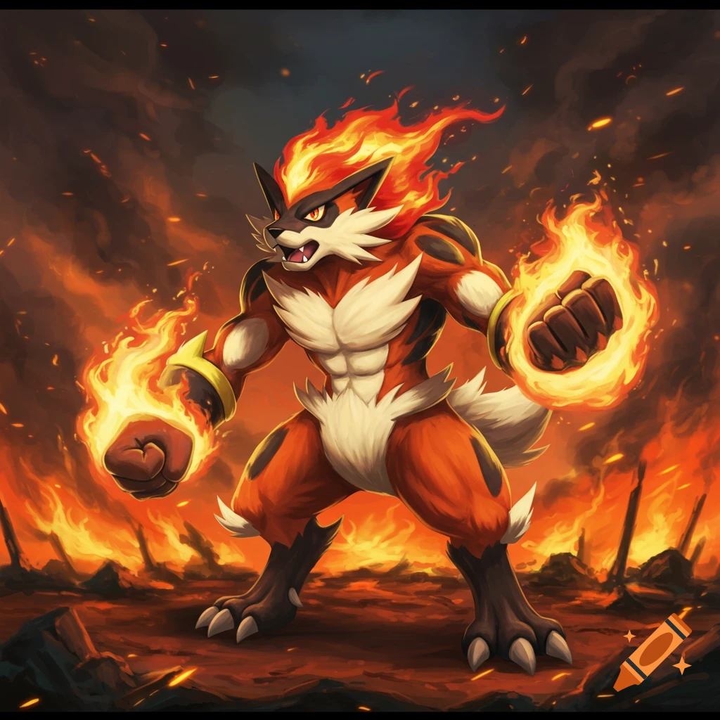 Anime-style fire creature stands in a fiery, burning landscape ...