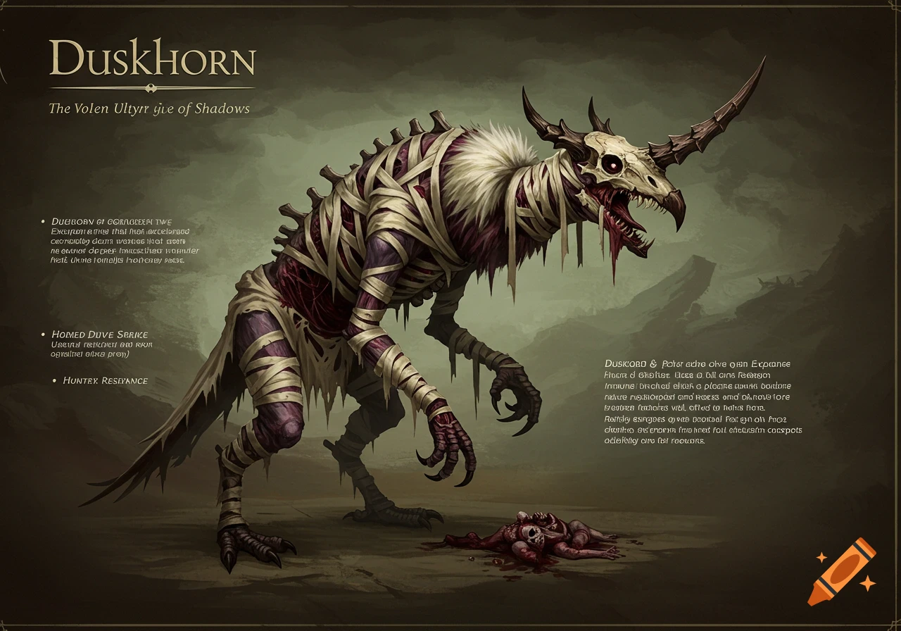 Concept art of a skeletal mummified creature with horns standing over a ...