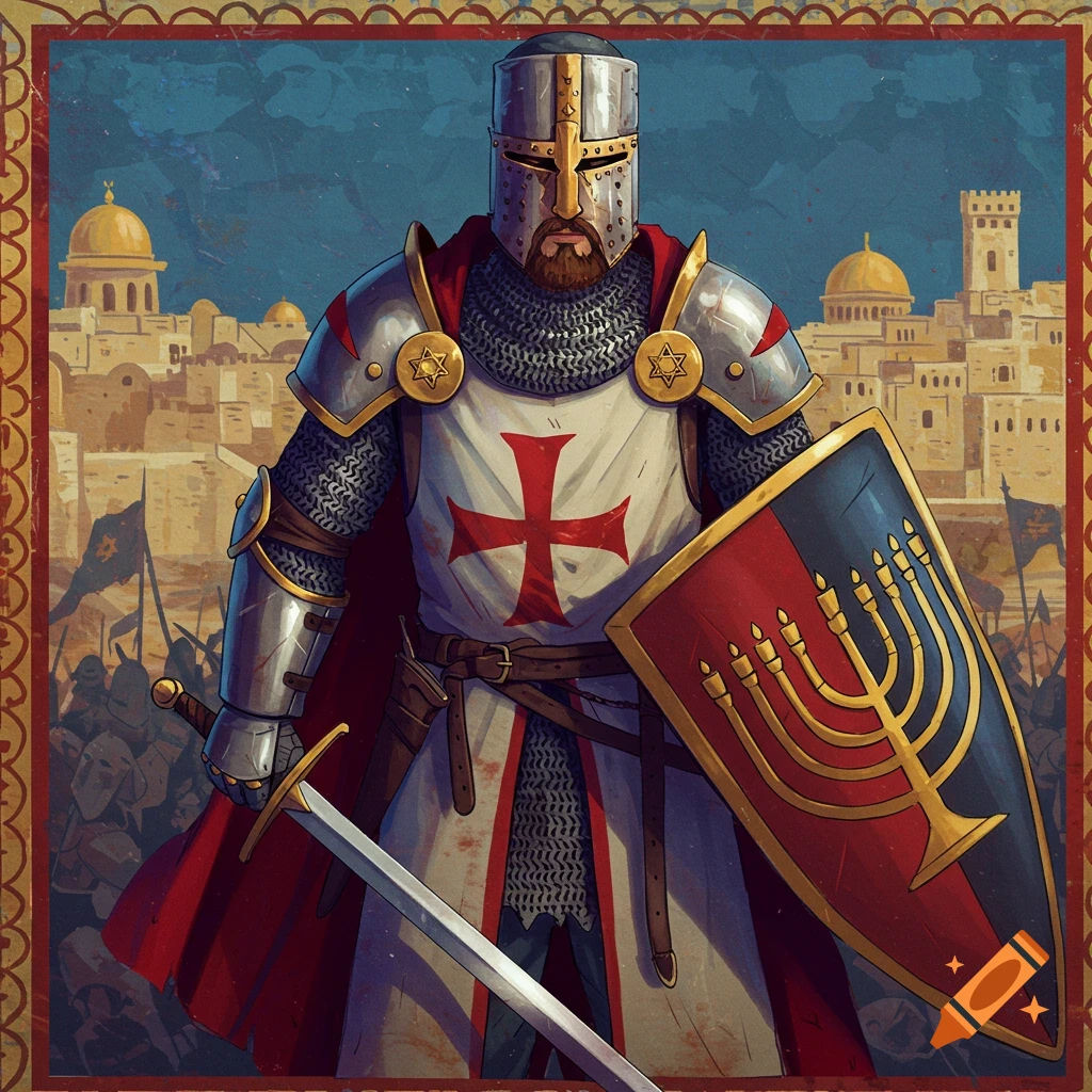 Crusader knight with Star of David and menorah symbols stands with ...