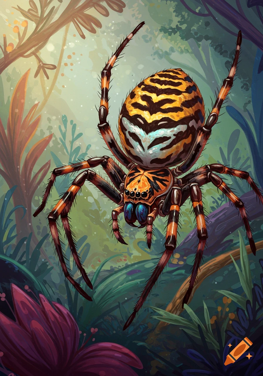 A colorful tiger-striped spider in a fantasy forest illustration. on Craiyon