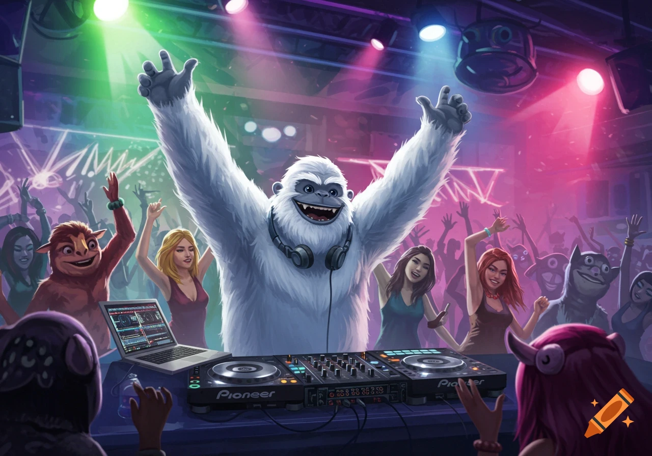 A large, white yeti with headphones DJs in a nightclub, raising its ...