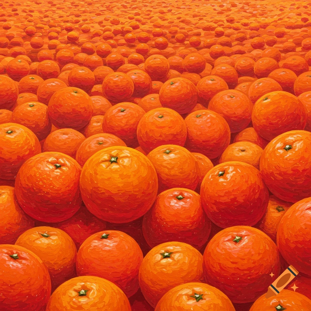 A close-up painterly view of a multitude of bright orange oranges on ...