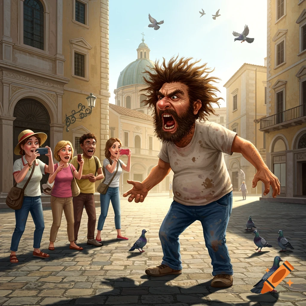 Scruffy man yelling angrily at shocked tourists taking photos in a ...