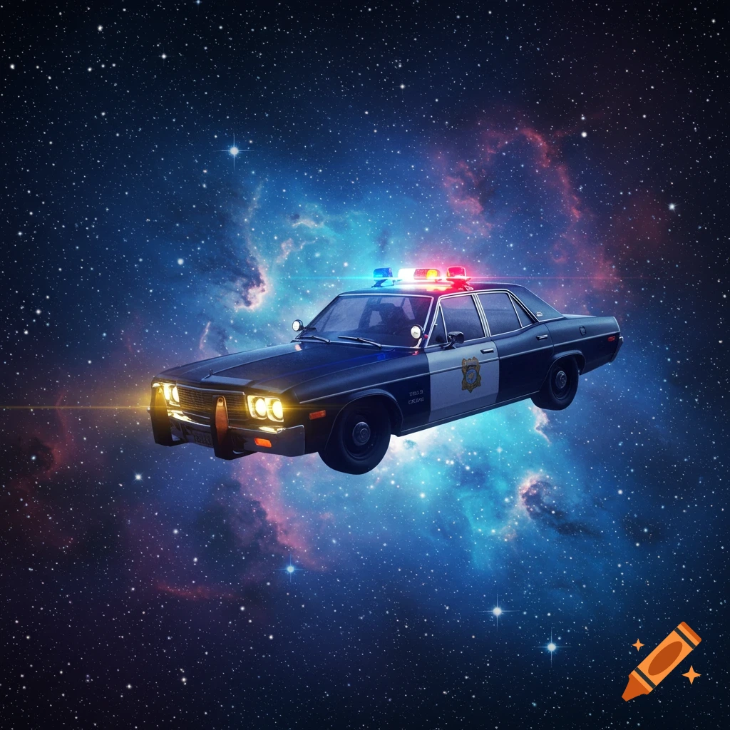 A police car floats through outer space amidst stars and colorful ...