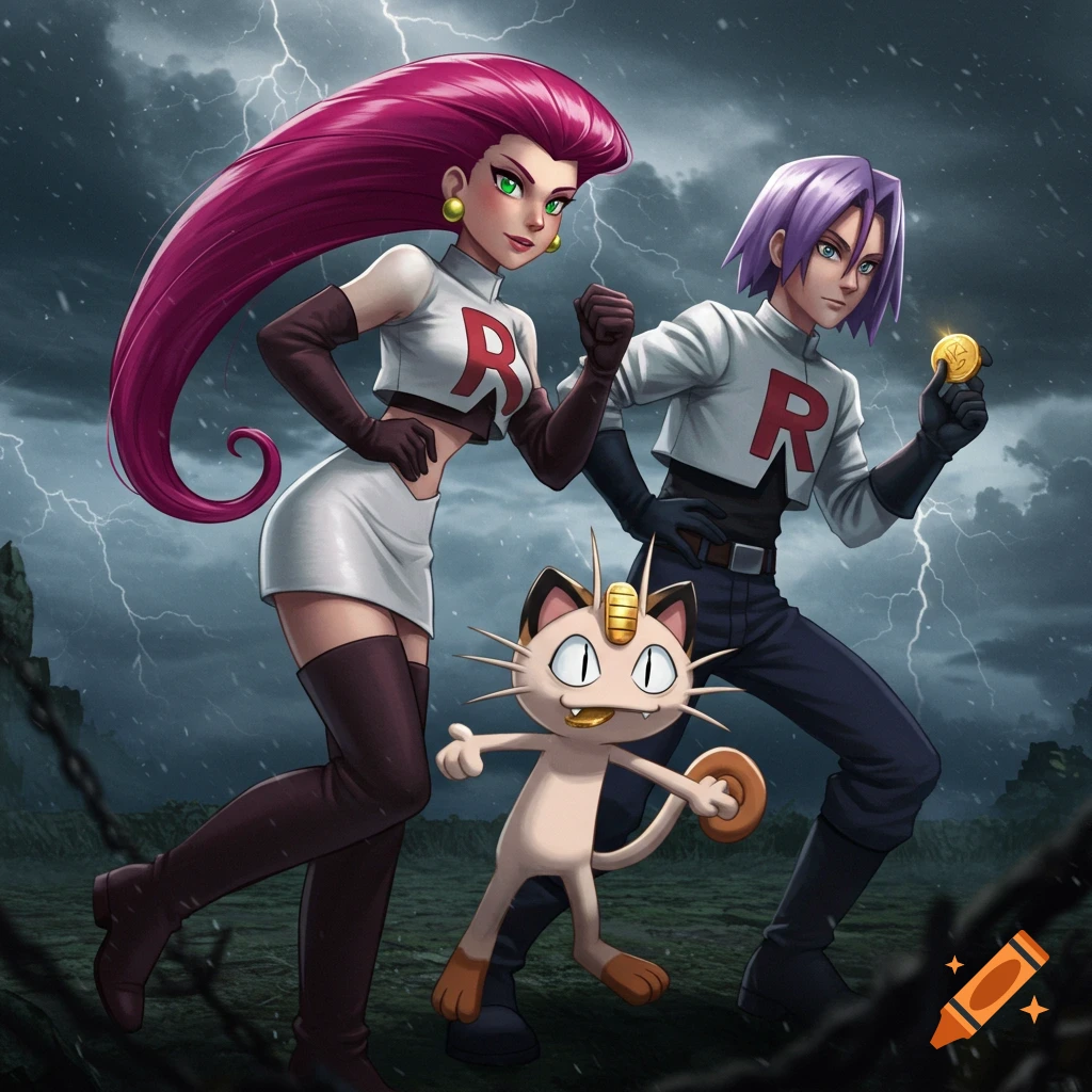 Team Rocket members Jessie, James, and Meowth pose under a stormy sky ...