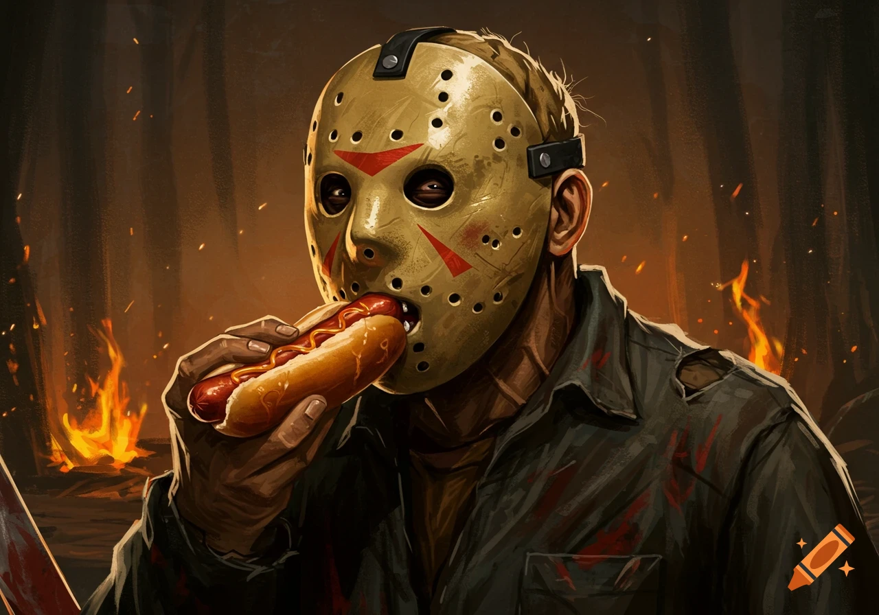 Illustration of Jason Voorhees wearing his hockey mask and eating a hot ...