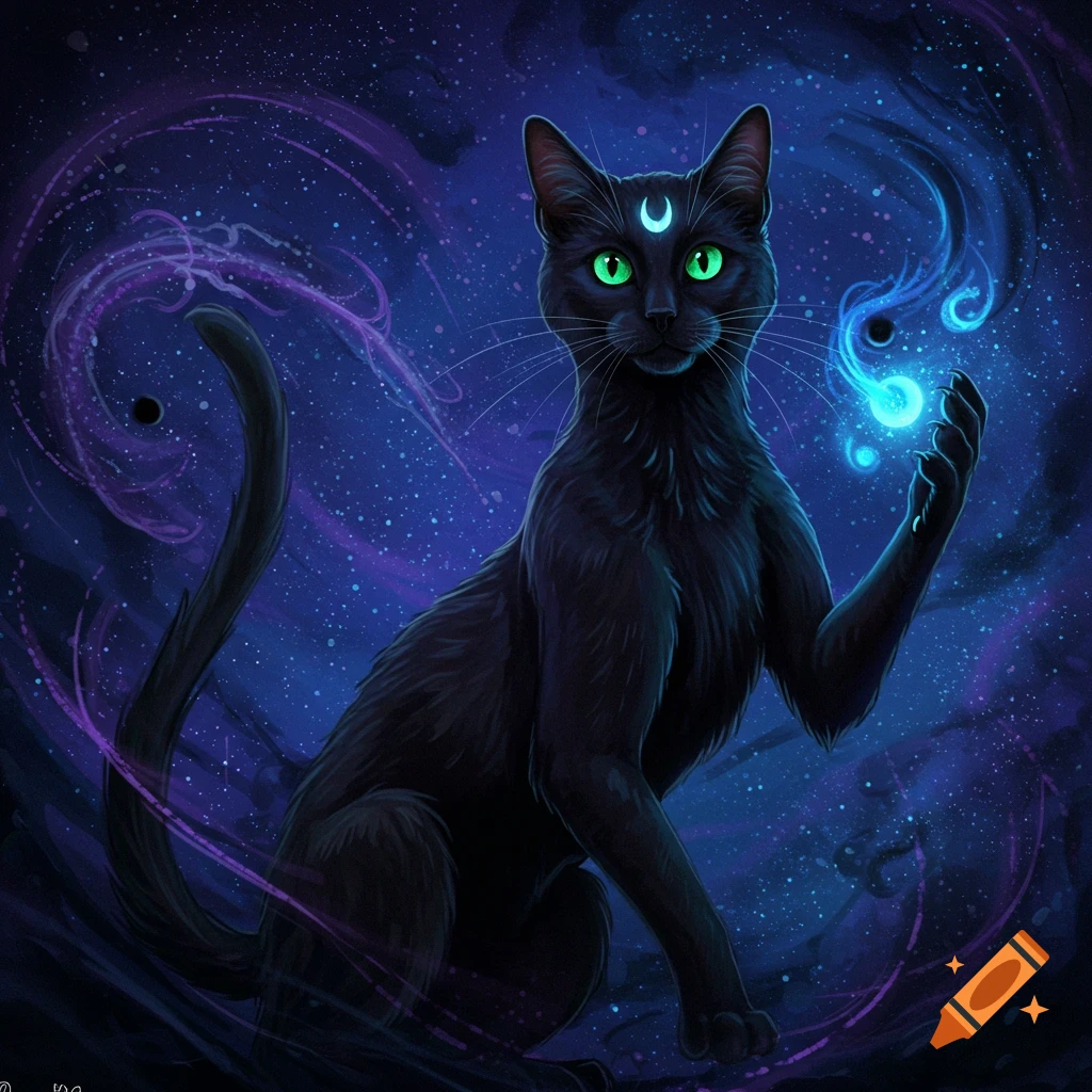 A black cat with green eyes sits in a starry space, casting a blue ...
