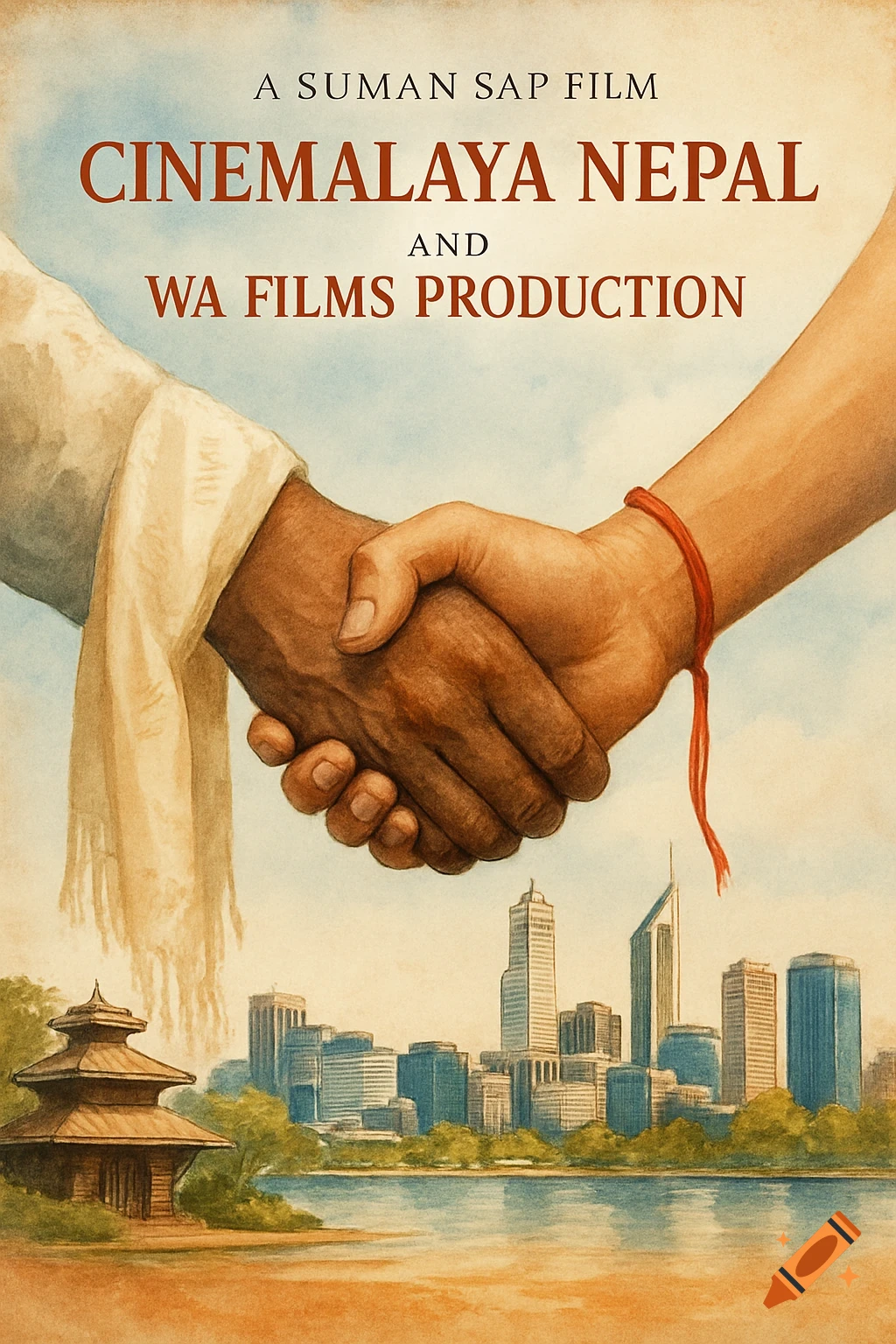 Painting of a handshake with different skin tones above a temple and a ...