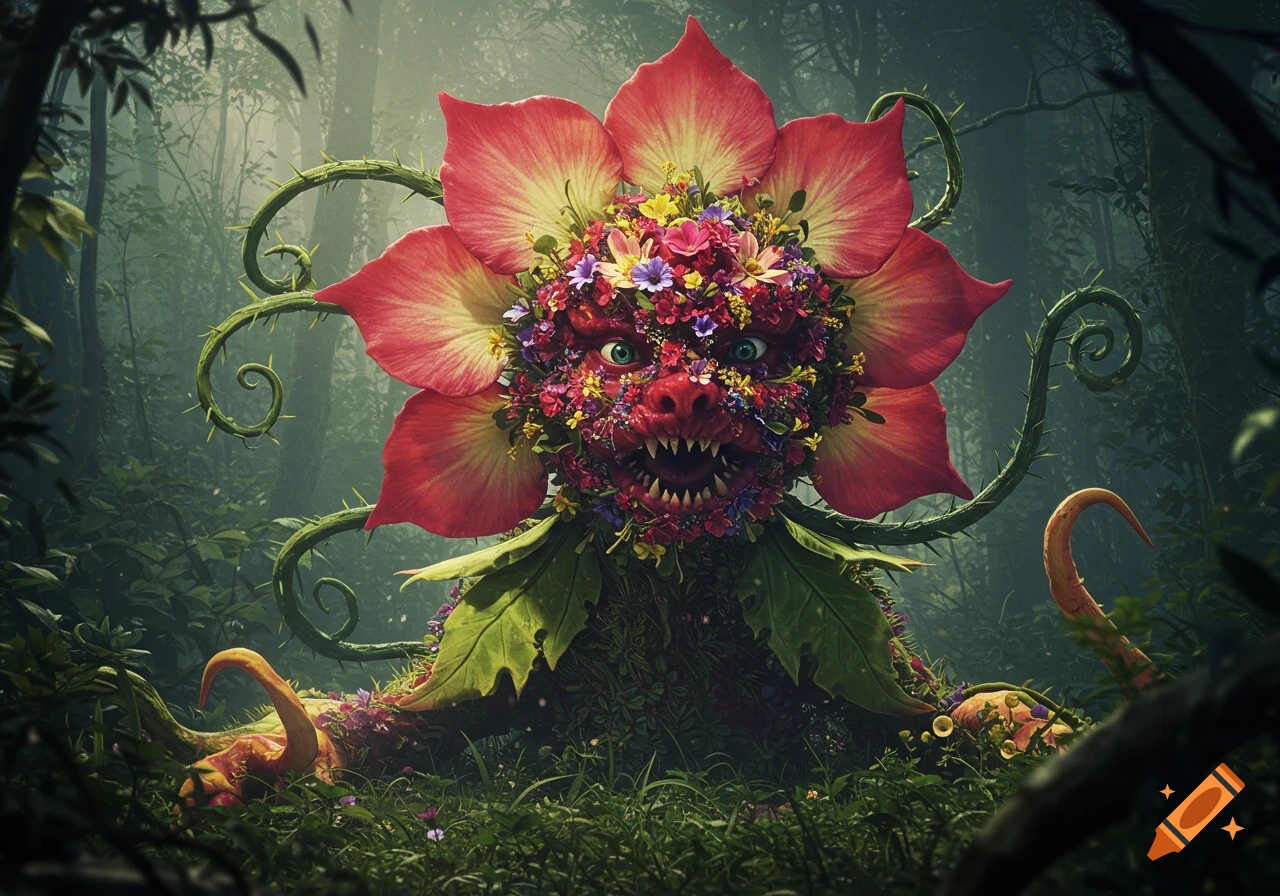 A monstrous creature with a flower head and sharp teeth sits in a dark ...