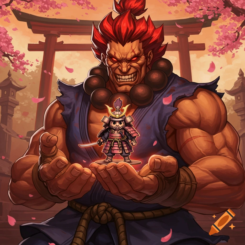 Akuma holds a tiny samurai figure in his hands under cherry blossoms ...
