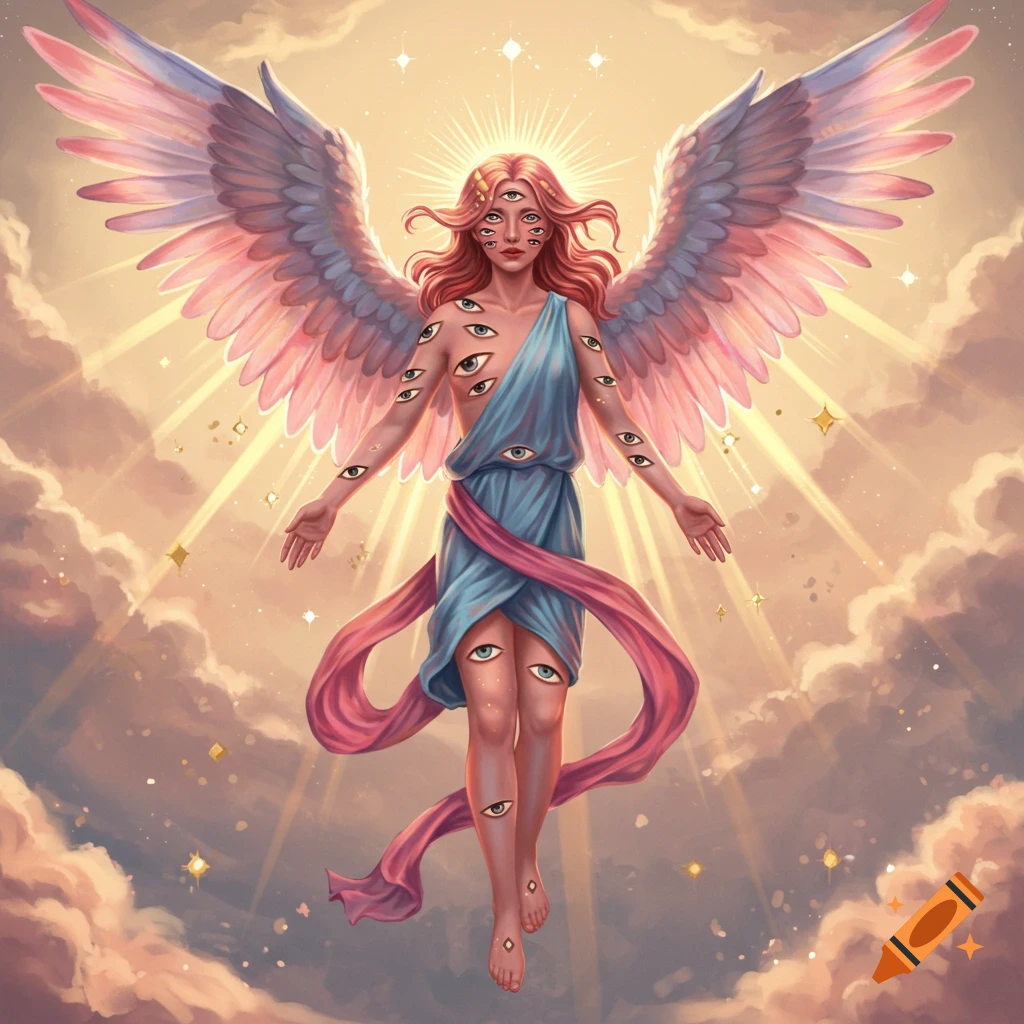 Fantasy painting of an angelic figure covered in eyes floating in the ...