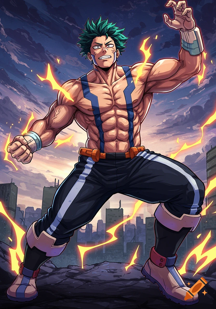 Muscular anime character in a dynamic pose with electric effects on Craiyon