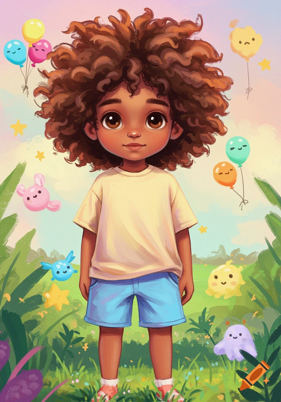 Illustration of a young child with curly hair standing in a field with ...