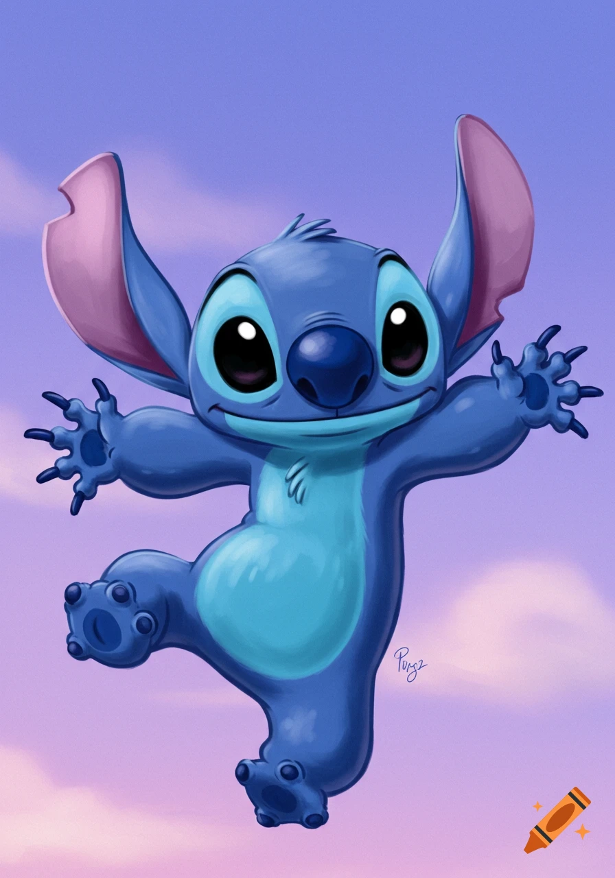 Stitch poses happily against a purple and pink sky in a drawing. on Craiyon