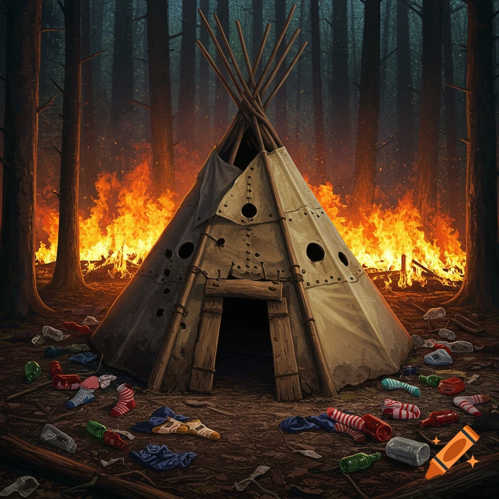 A realistic painting of a teepee in a forest surrounded by fire, with ...