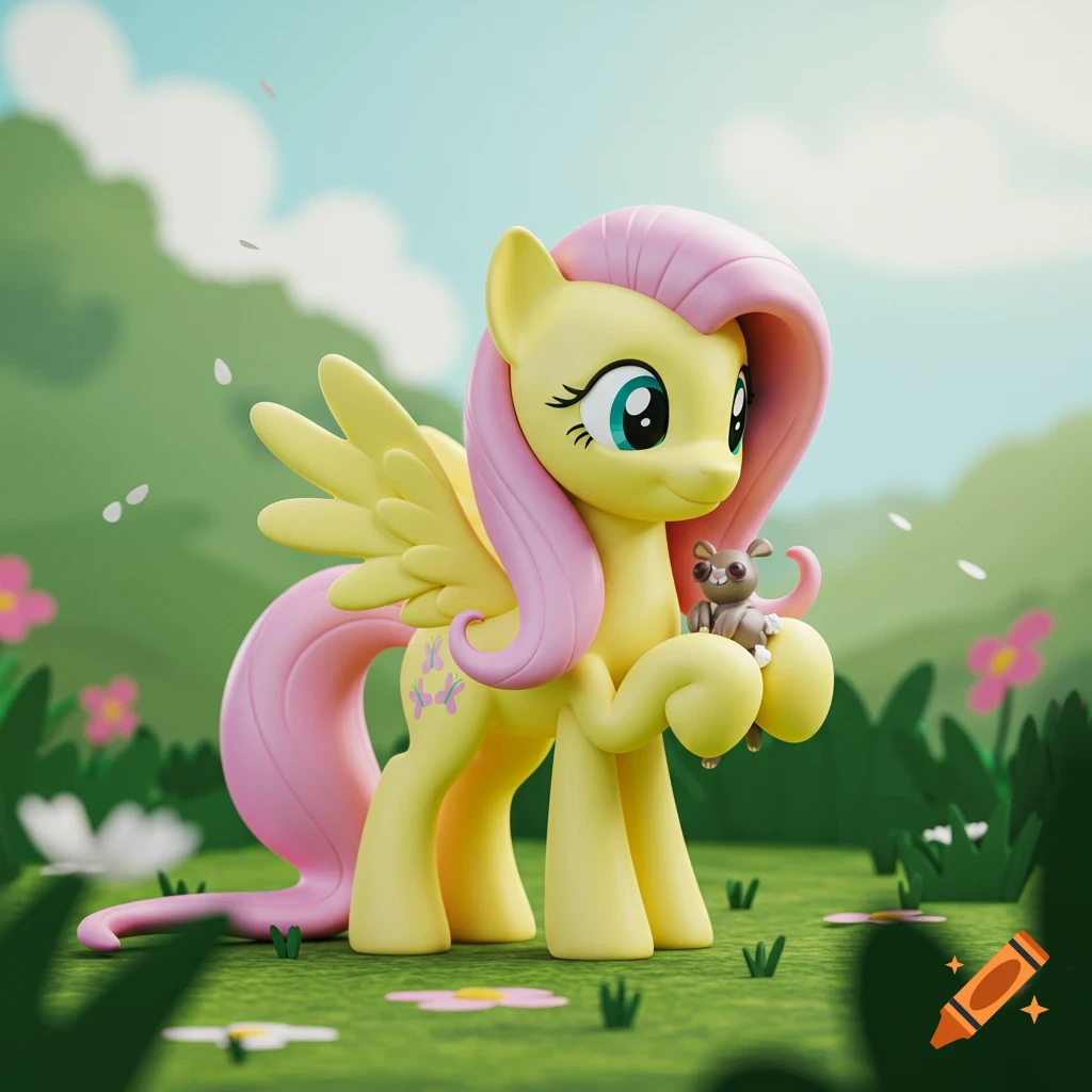 Stylized 3D render of Fluttershy holding a rabbit in a grassy field ...