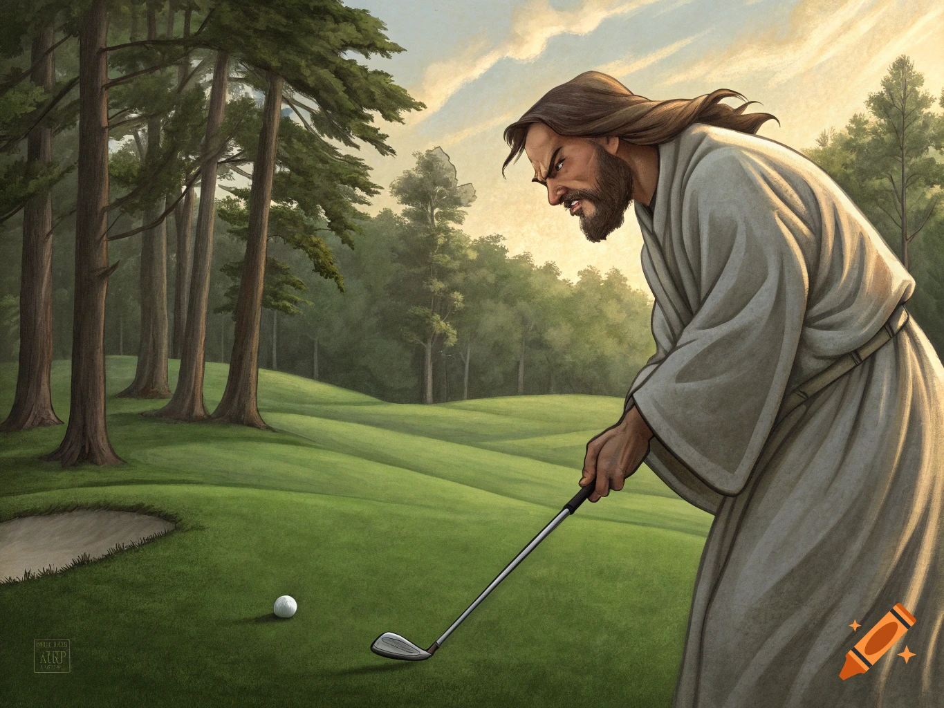 Painting of angry Jesus about to hit a golf ball on a green course. on ...