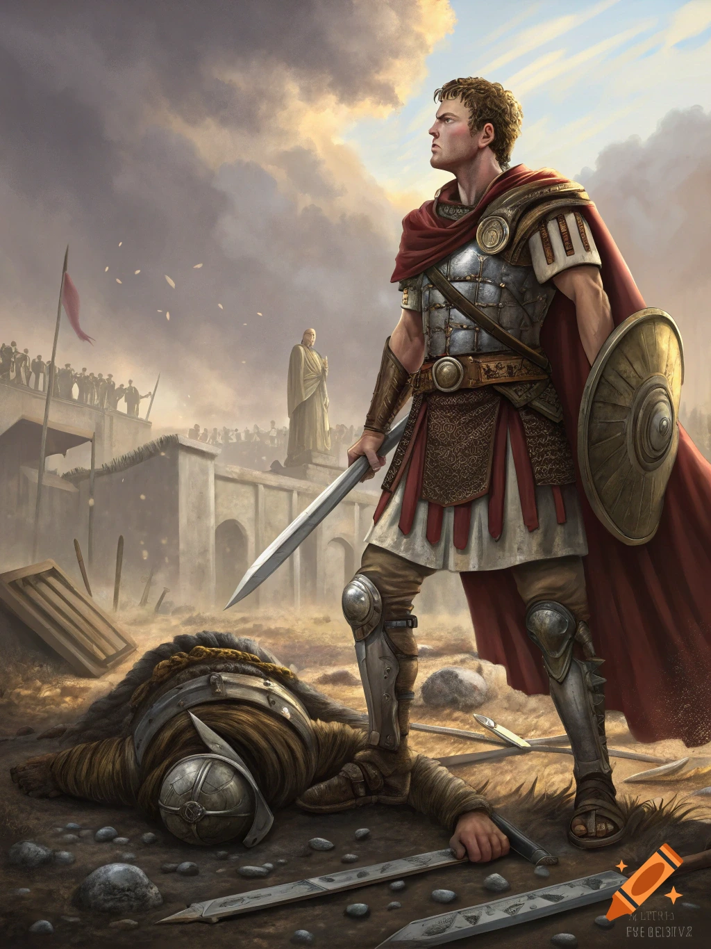 A Roman soldier stands over a defeated enemy on a battlefield with a ...