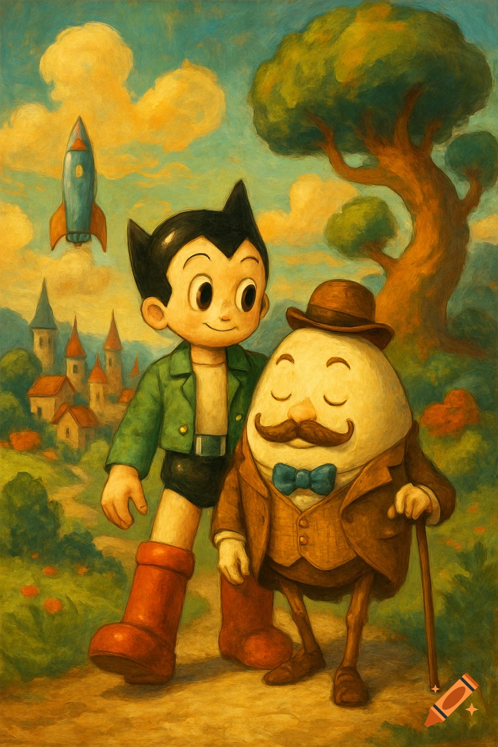 Astro Boy and an egg-shaped man in a painted landscape with a rocket ...