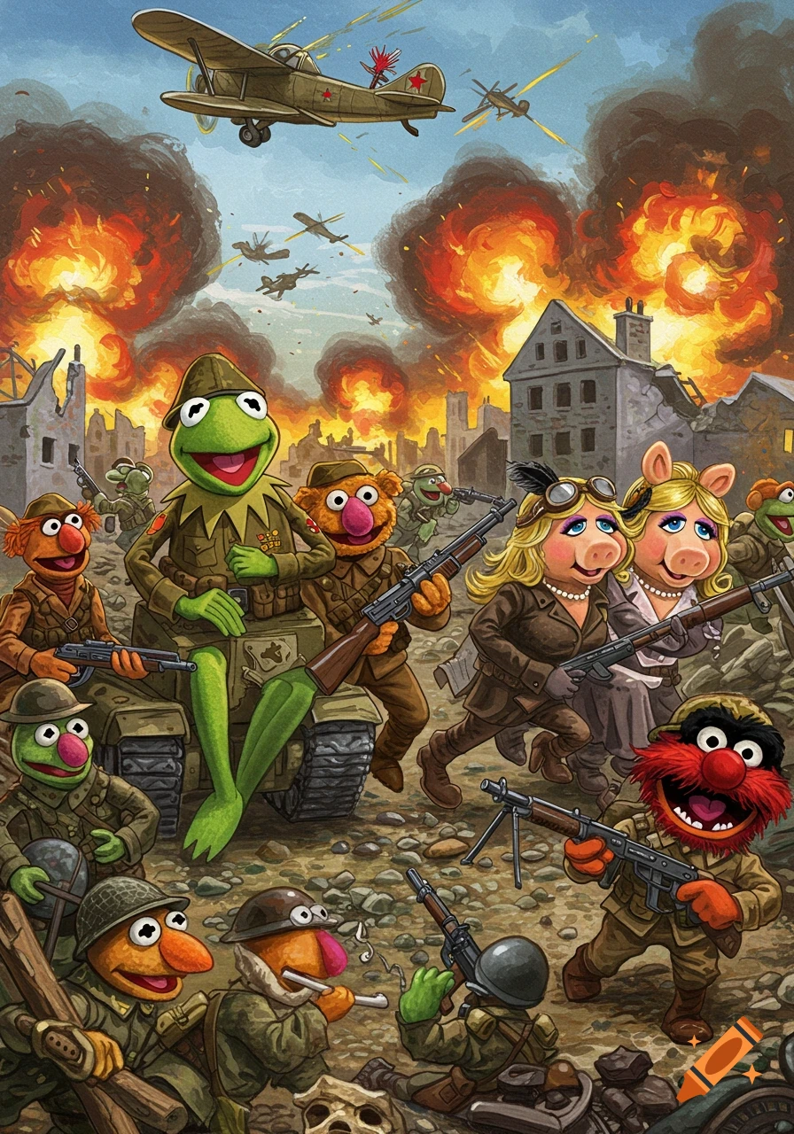 Cartoon illustration of Kermit the Frog and other Muppets in WWII ...