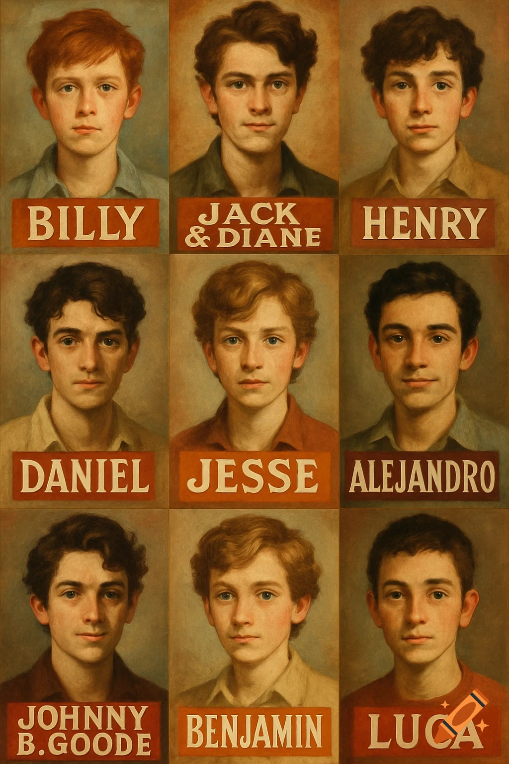 Nine painted portraits of young men, each labeled with a name below. on ...