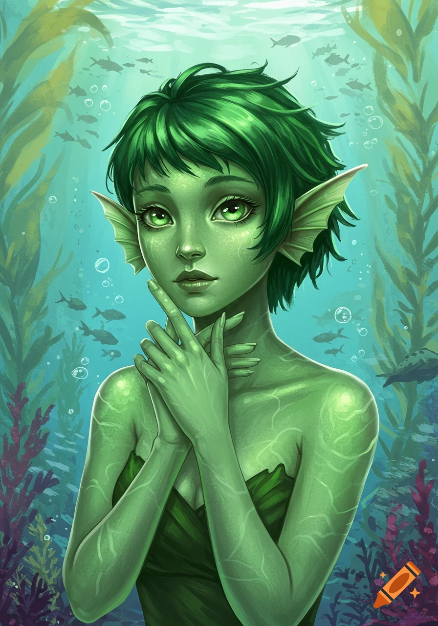 Fantasy portrait of a green creature with short green hair and fin-like ...