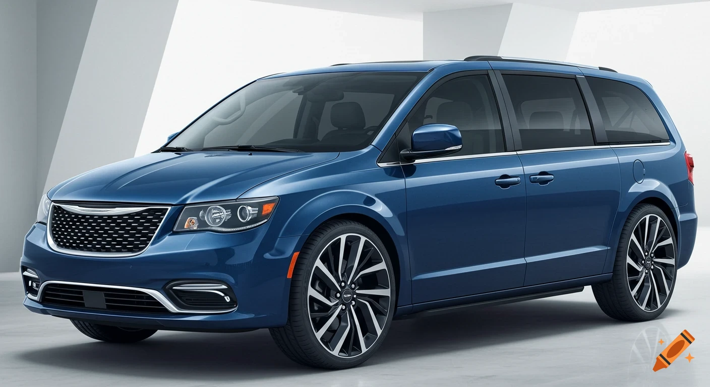 A blue minivan is parked in a brightly lit studio. on Craiyon