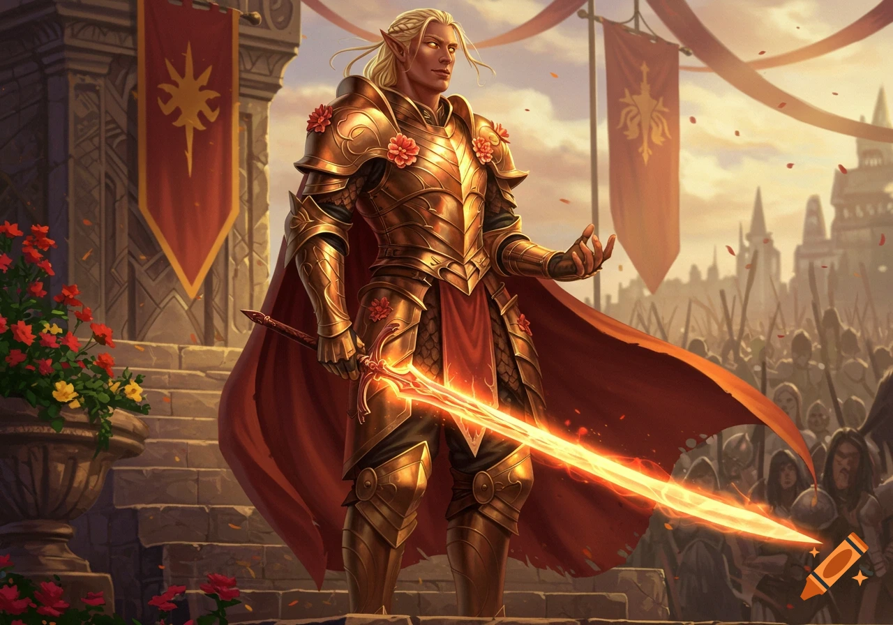 An elven knight in golden armor stands on steps holding a glowing sword ...