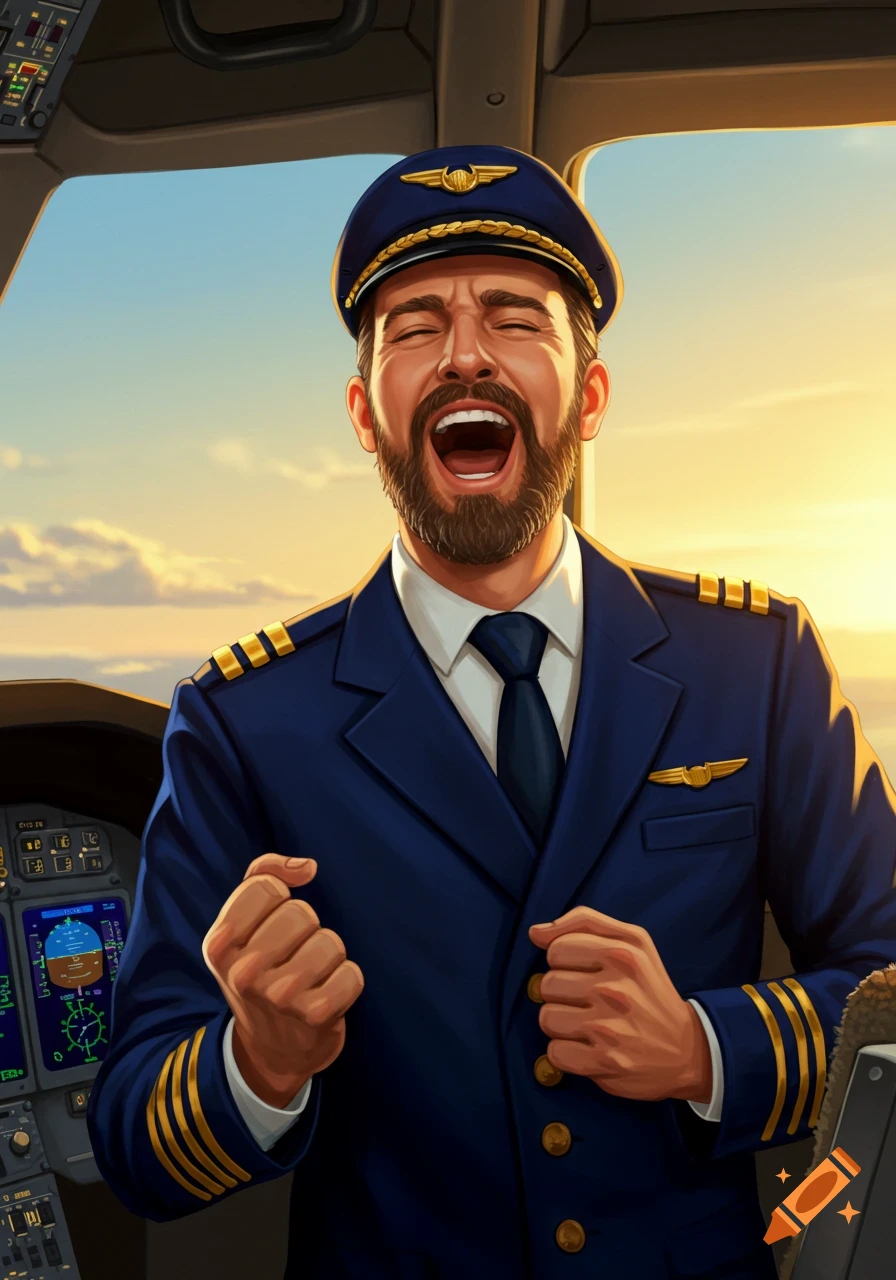 Illustration of a pilot in uniform singing loudly in an airplane cockpit at sunset. on Craiyon