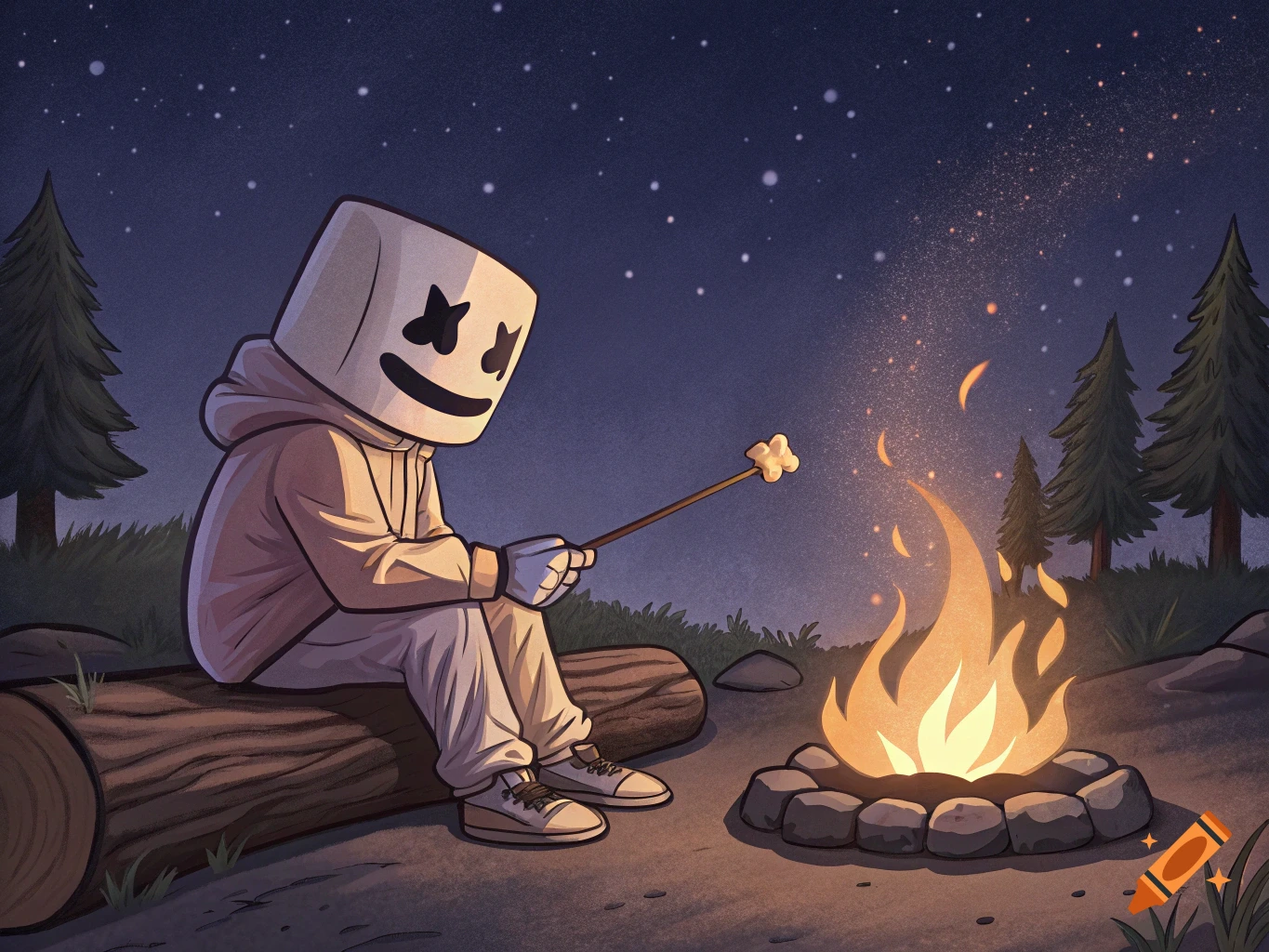 Marshmello character sits by campfire roasting a marshmallow at night ...