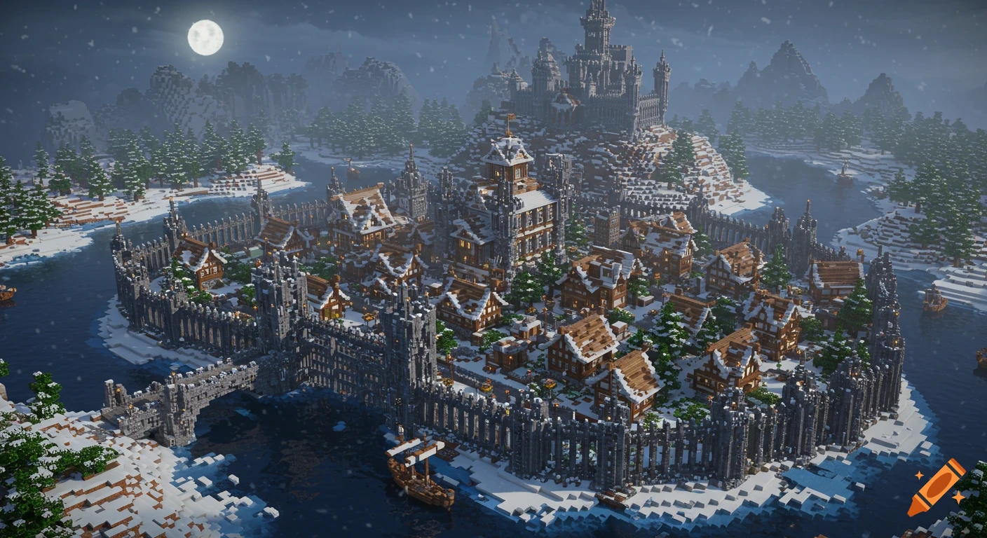 Blocky fantasy medieval city in a snowy landscape with walls, houses ...