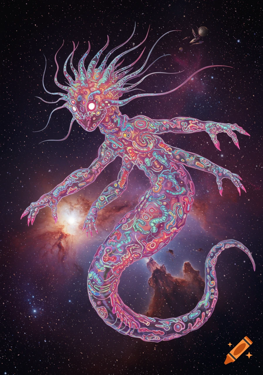 A vibrant, abstract alien creature with colorful patterns swims through ...