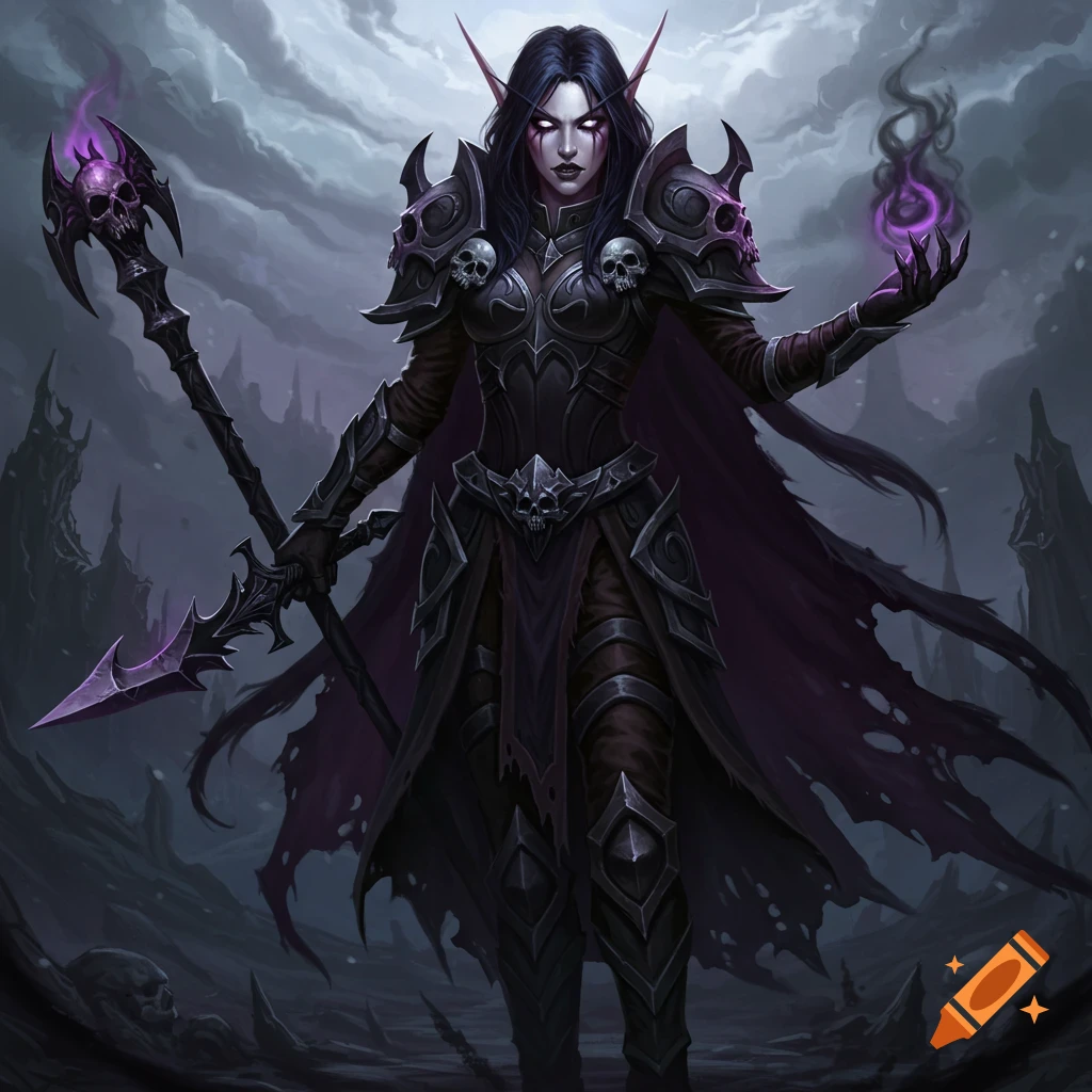 Dark fantasy portrait of a female elf in skull armor holding a staff. on Craiyon