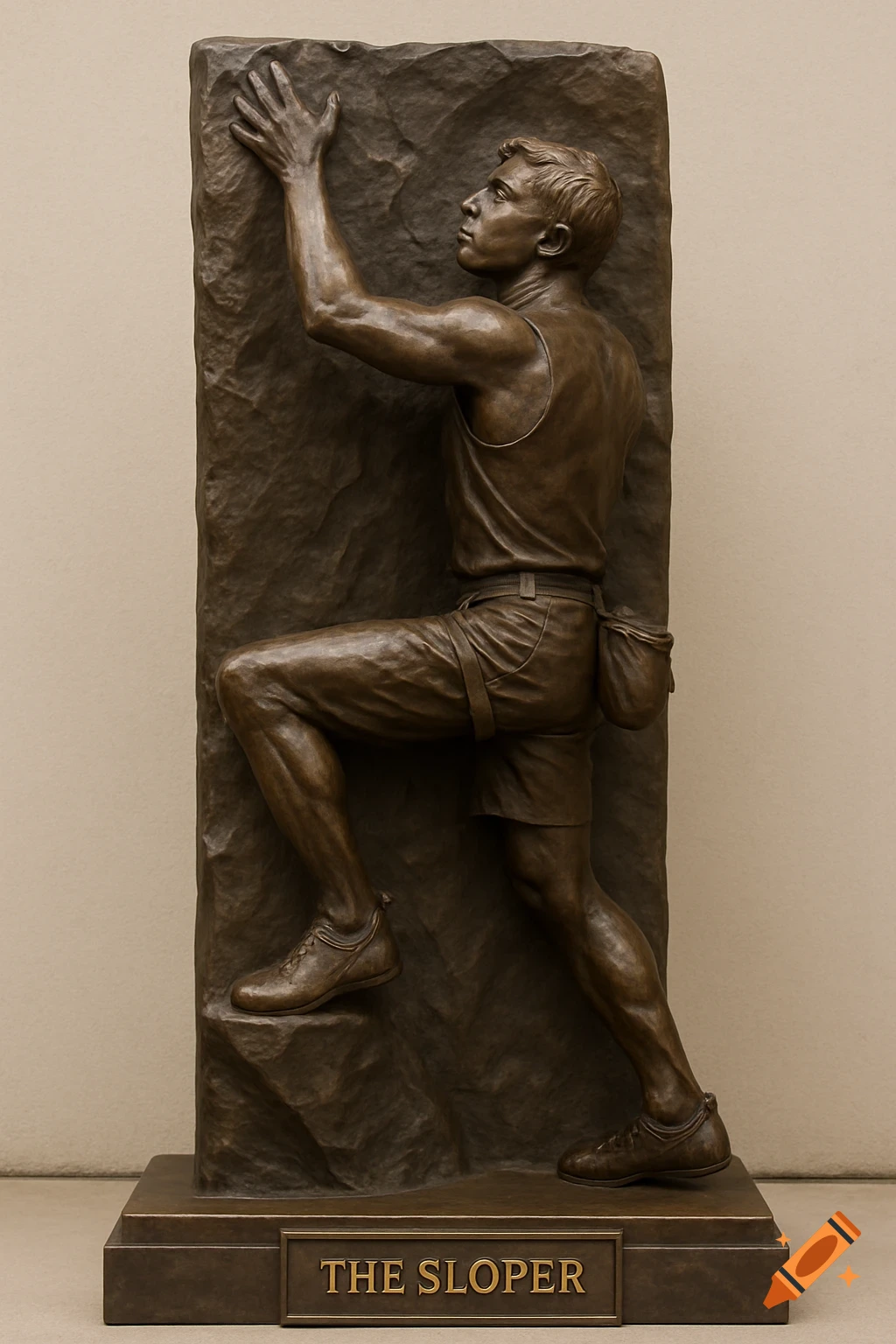 Bronze statue of a male climber on a rock base with a placard labeled ...