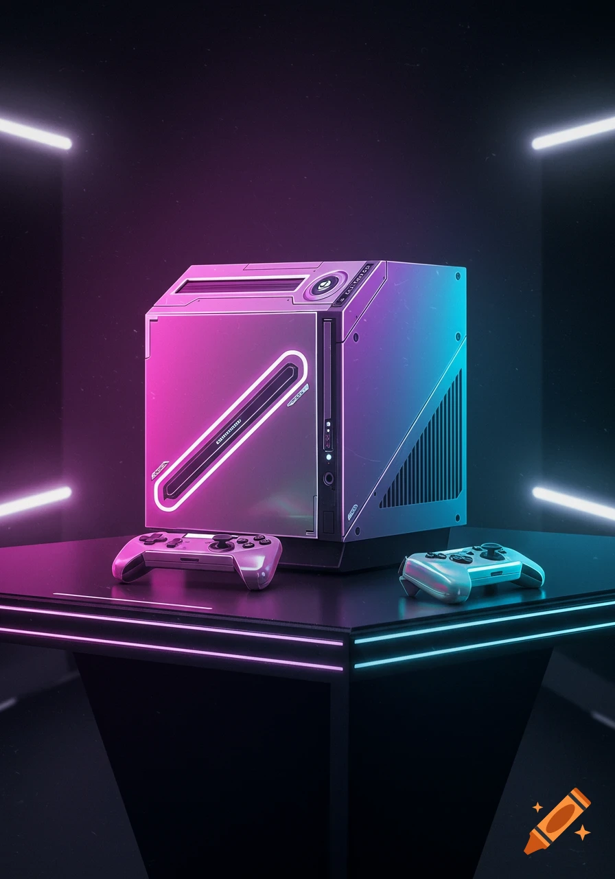 A custom game console and two controllers under neon lights in a dark ...