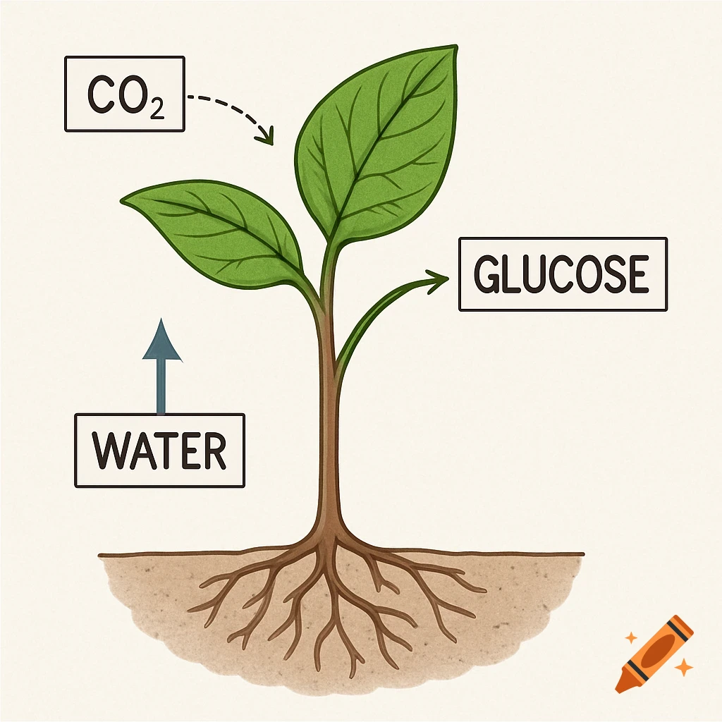 Diagram illustrating photosynthesis with labels for CO 2 , Water, and ...