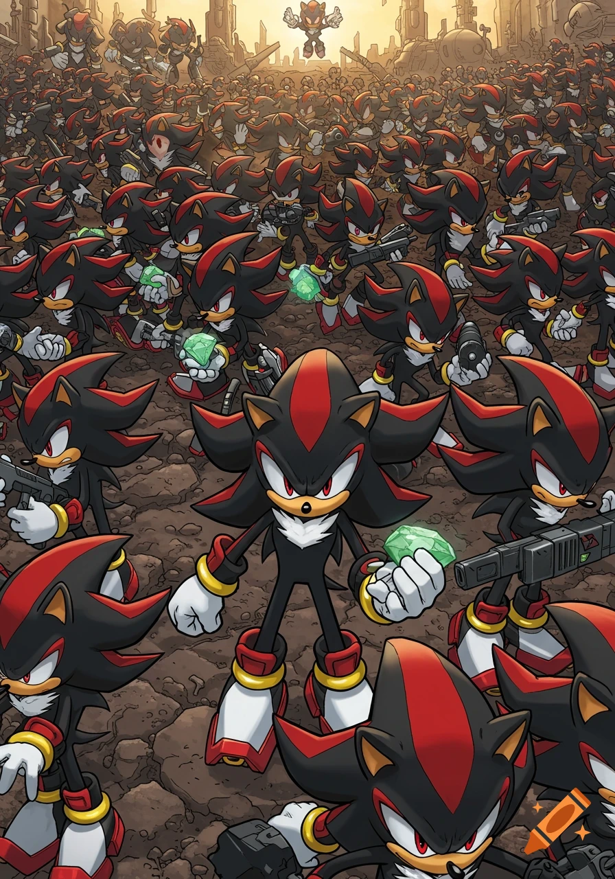 Army of Shadow the Hedgehog characters holding Chaos Emeralds and guns ...