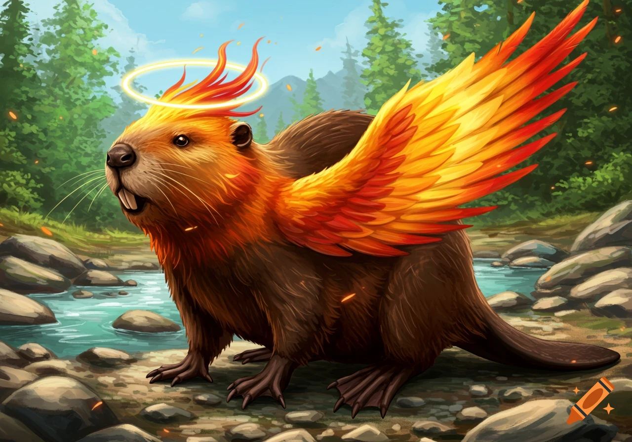 Illustration of a beaver with fiery phoenix wings and a glowing halo ...