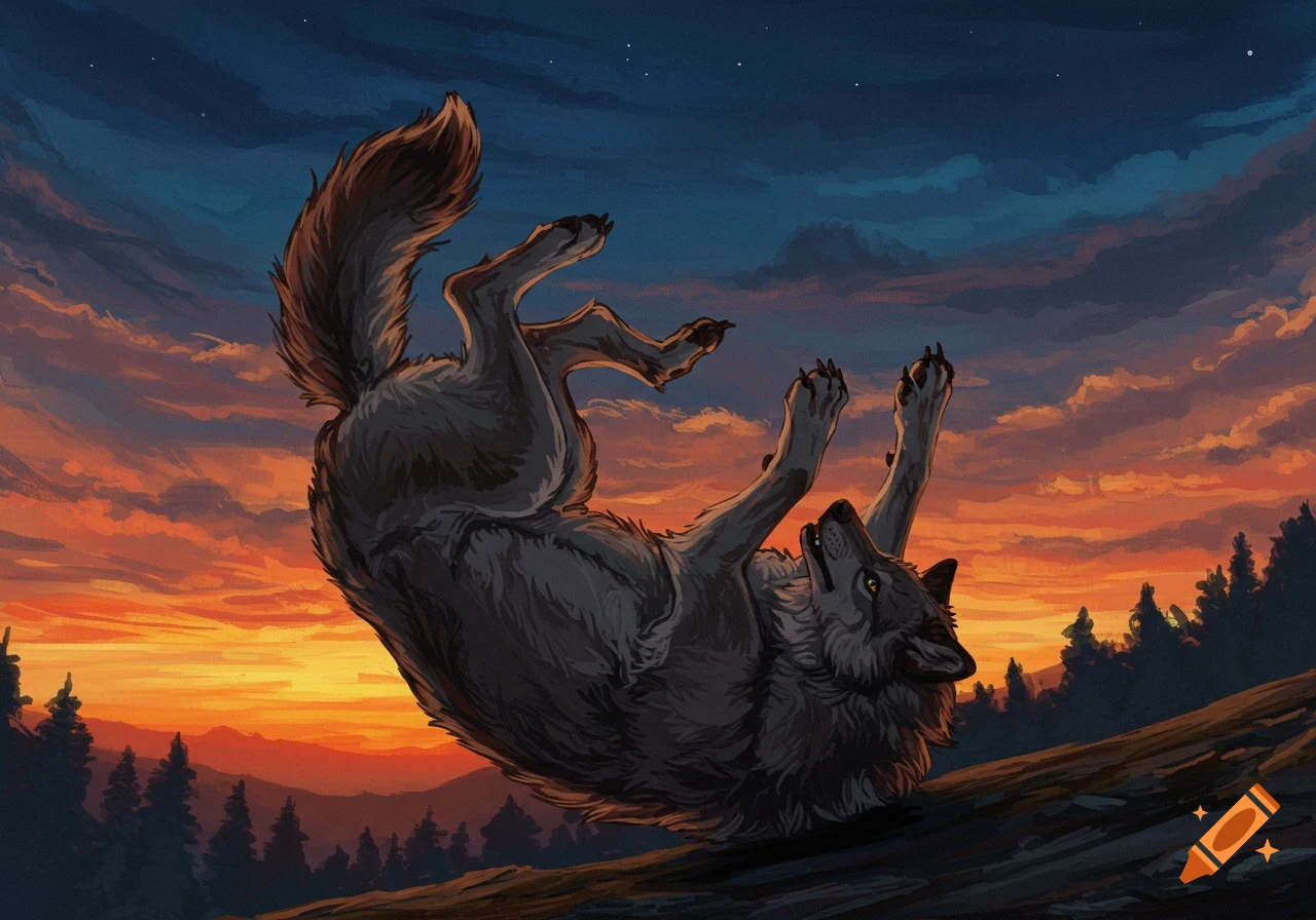 Illustration of a wolf rolling on its back on a log against a dramatic ...