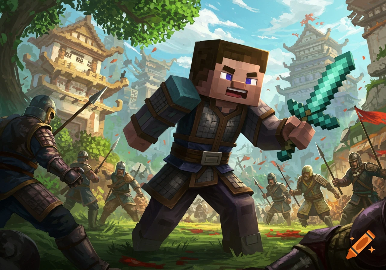 Minecraft Steve battles warriors in a fantasy scene with East Asian ...