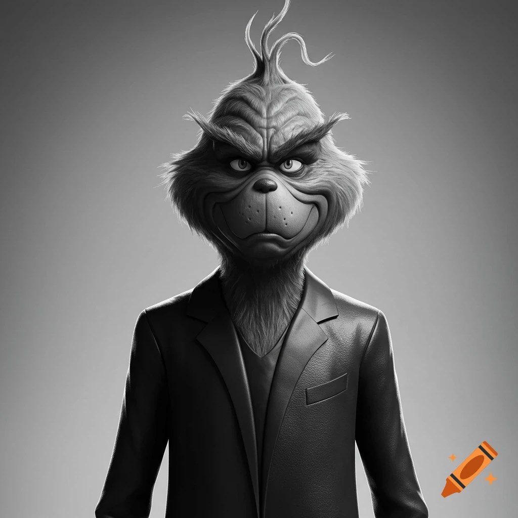 Black and white portrait of the Grinch wearing a suit. on Craiyon