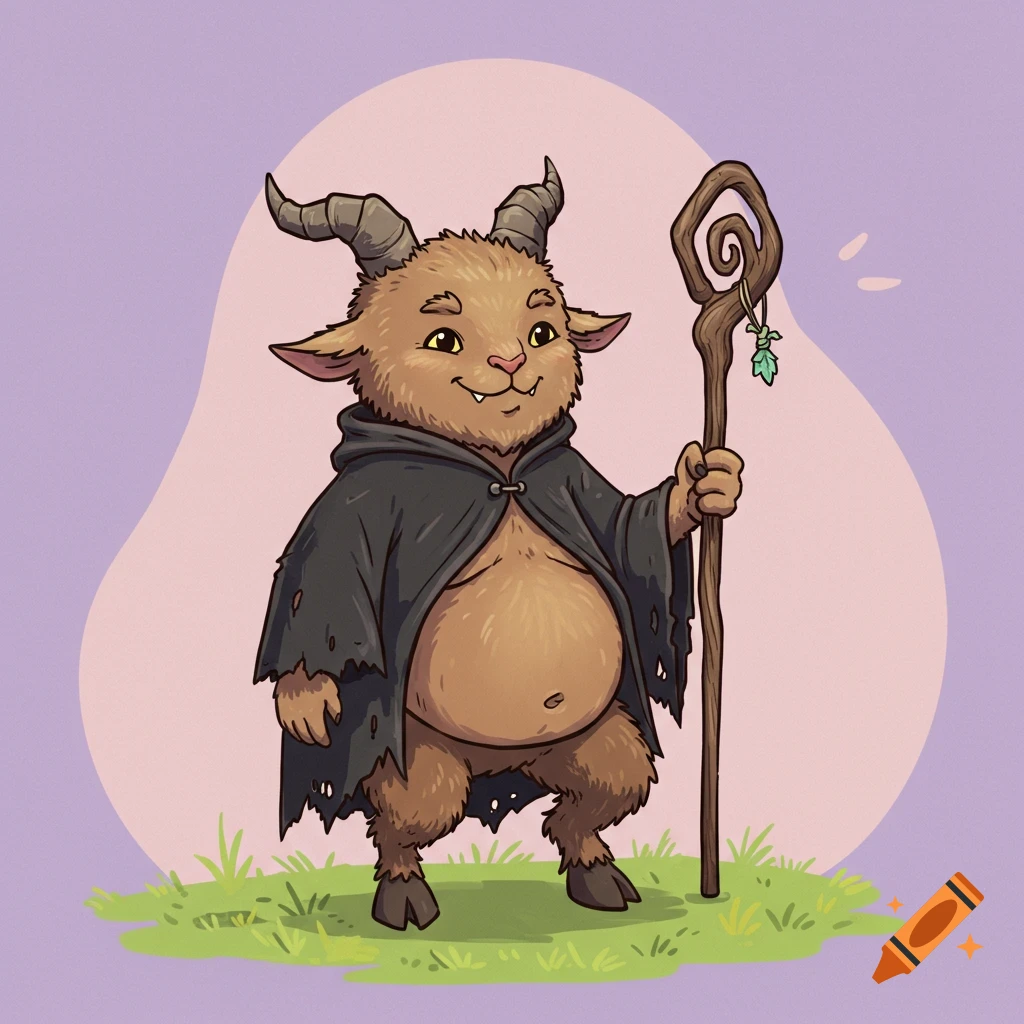 A small, cartoon satyr with horns, a belly, a black robe, and a staff ...