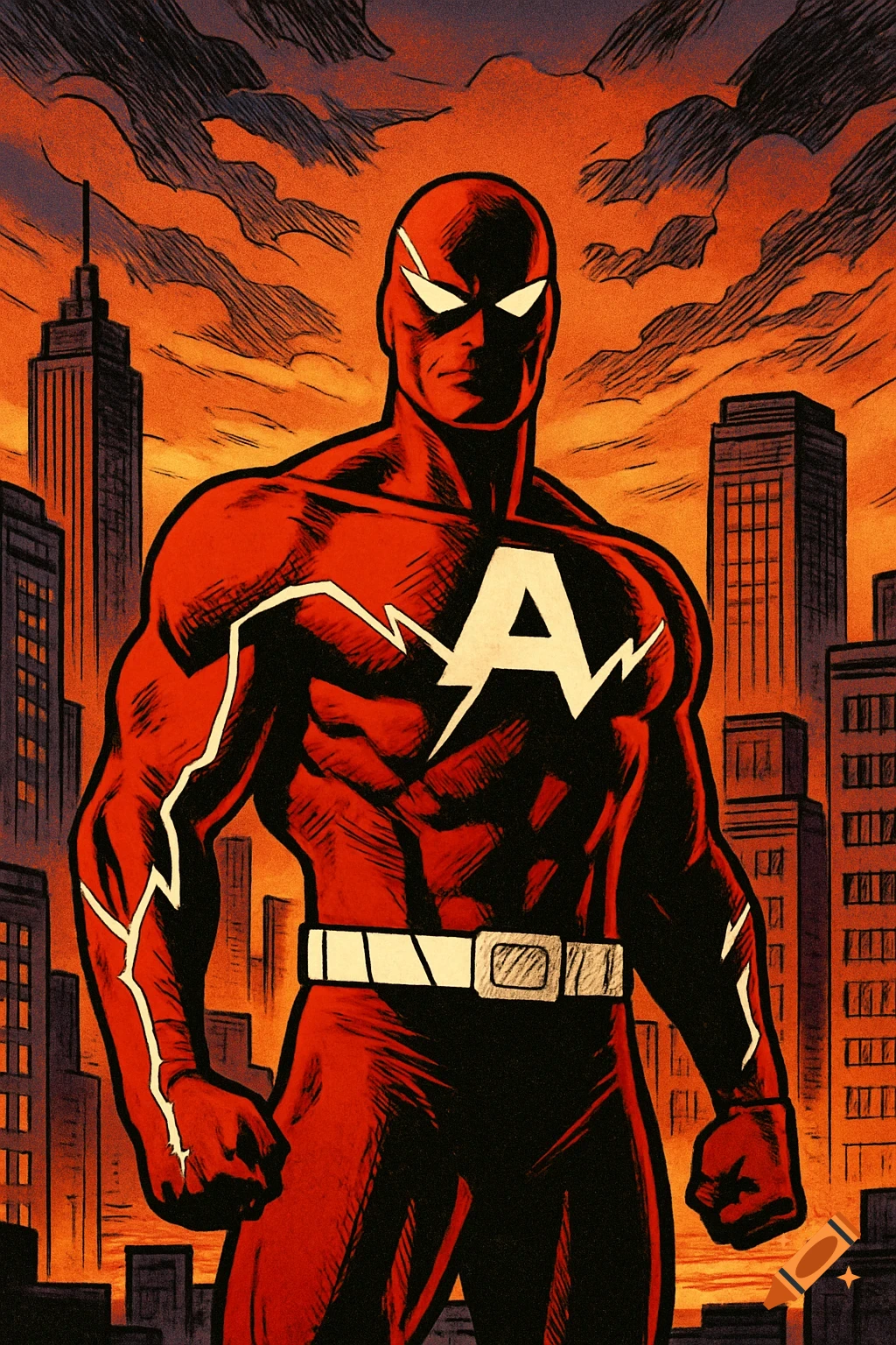 A comic book style drawing of a red and black superhero with a white 'A ...