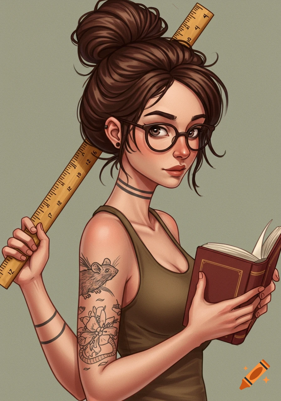 Illustration of a woman with messy bun and glasses, holding a ruler and ...