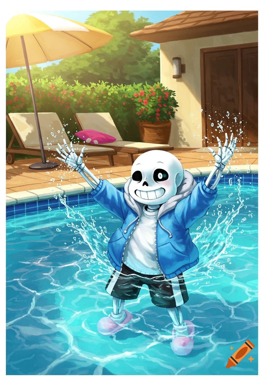 Sans the skeleton is splashing in a swimming pool. on Craiyon