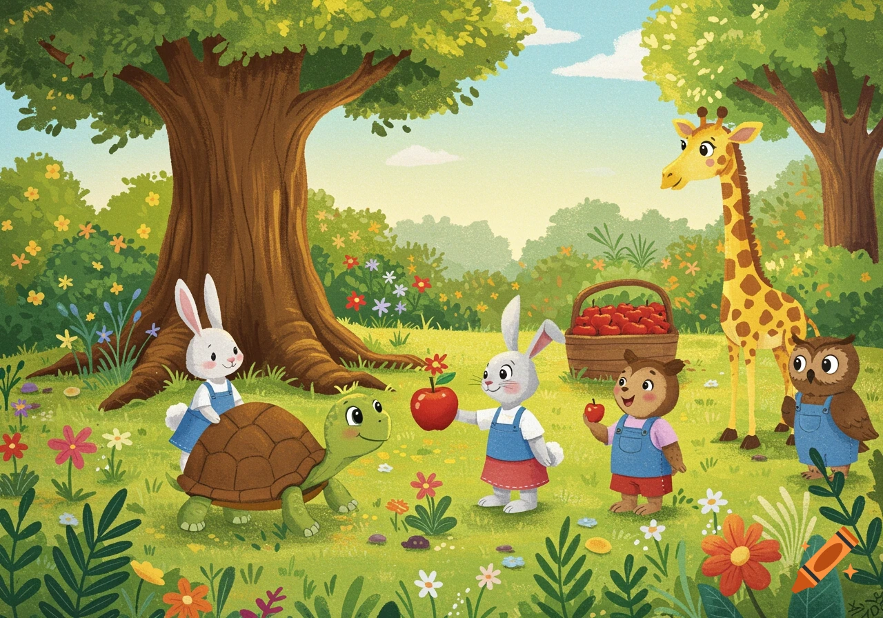 Colorful illustration of anthropomorphic animals in a sunny forest ...