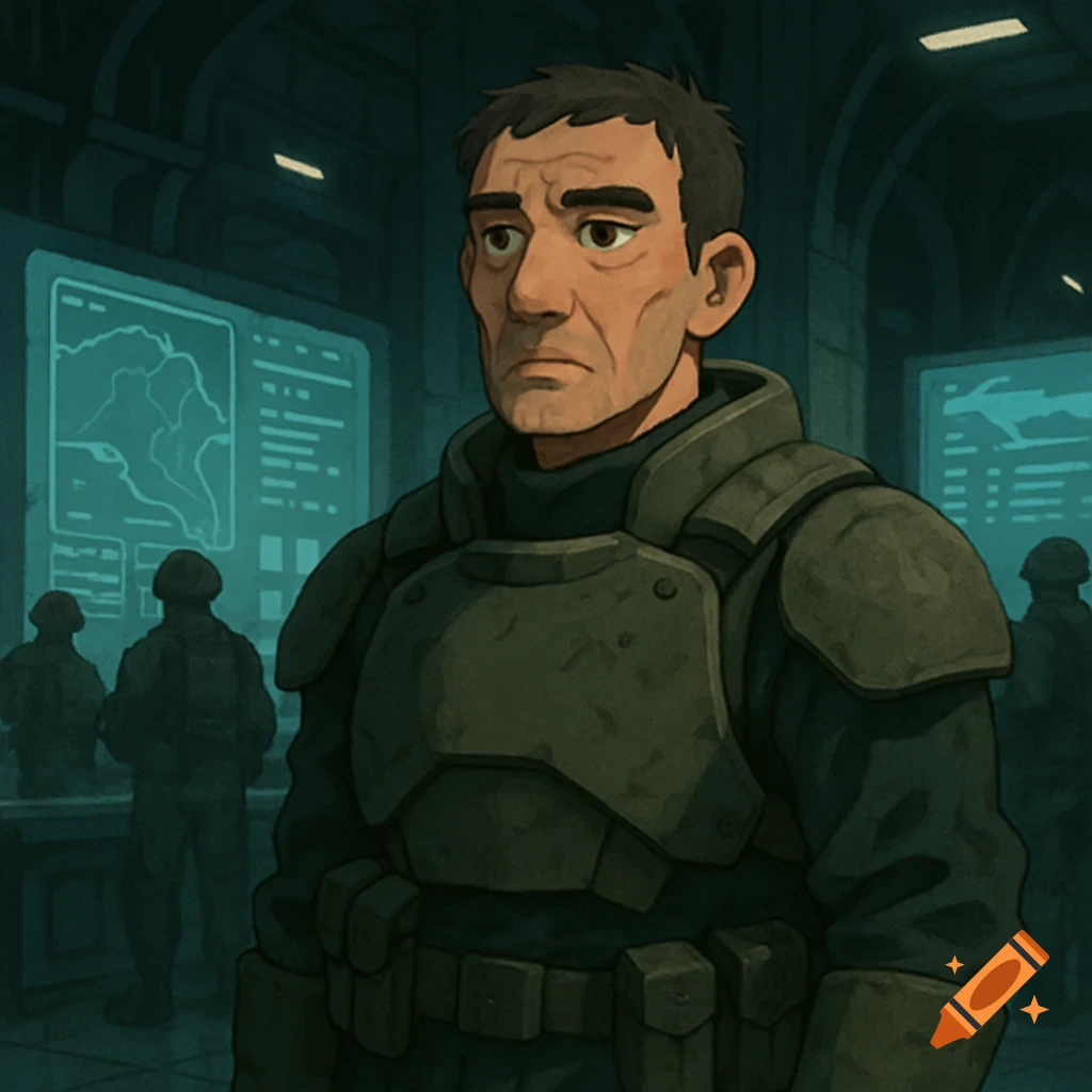 War-weary soldier in military gear in a futuristic facility with ...